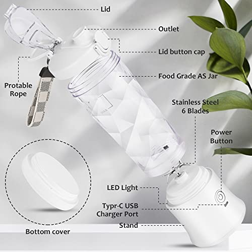 Portable Blender, Personal Blender for Shakes and Smoothies, Personal Smoothie Blender with USB Rechargeable, Strong Stainless-Steel Blades Fruit Mini Mixer for Home, Office, Travel
