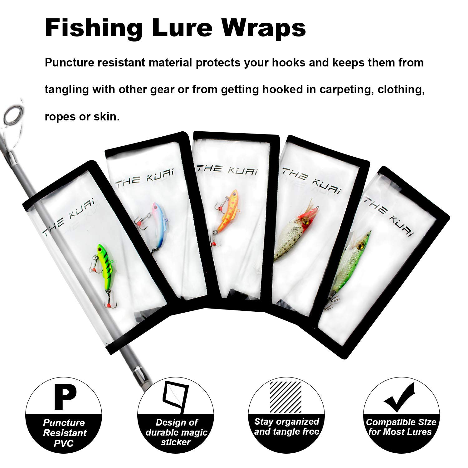 Fishing Lures Cover, Thekuai 5 piece Lure Wraps,boat carpeting, Fishing Hook Covers,Durable & Clear PVC, Keeps Children, Pets and Fishermen Safe from Sharp Hooks!( 8" L x 8" W )