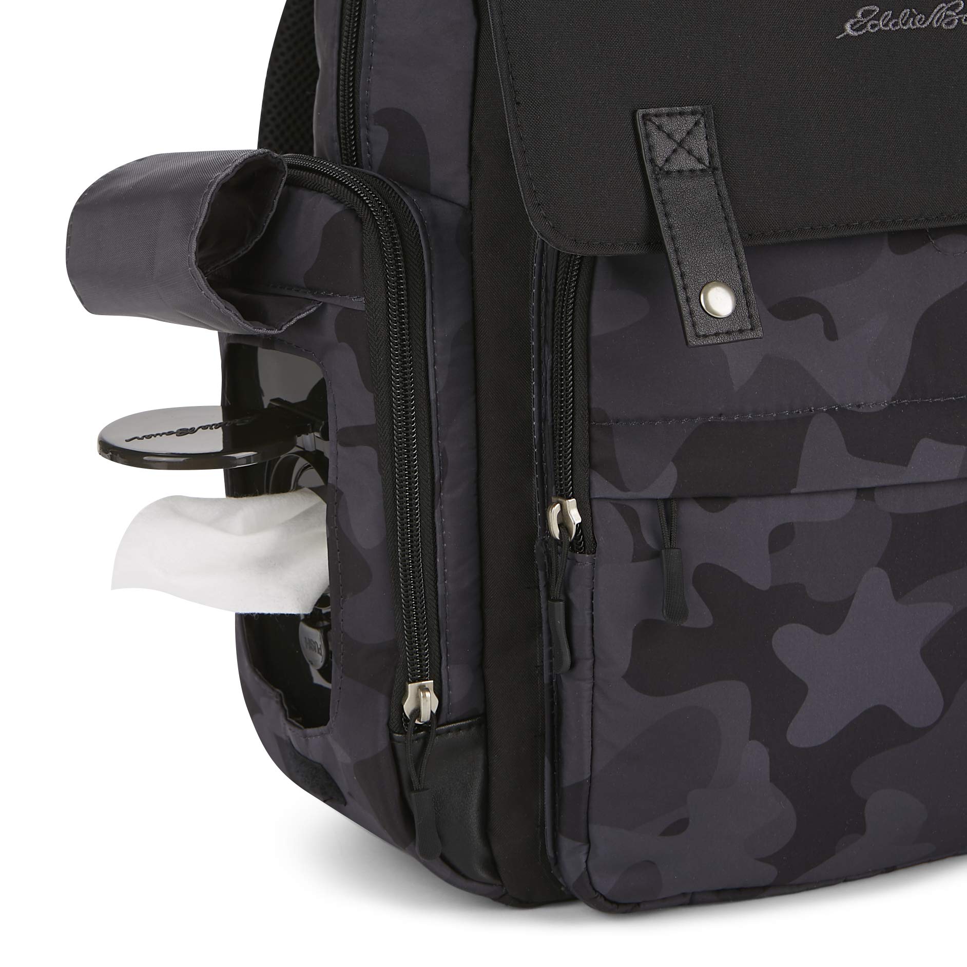 Eddie Bauer Places & Spaces Camouflage Compass Diaper Bag Backpack, Cooler Bottle Pockets and Changing Pad Included, Black and Camo