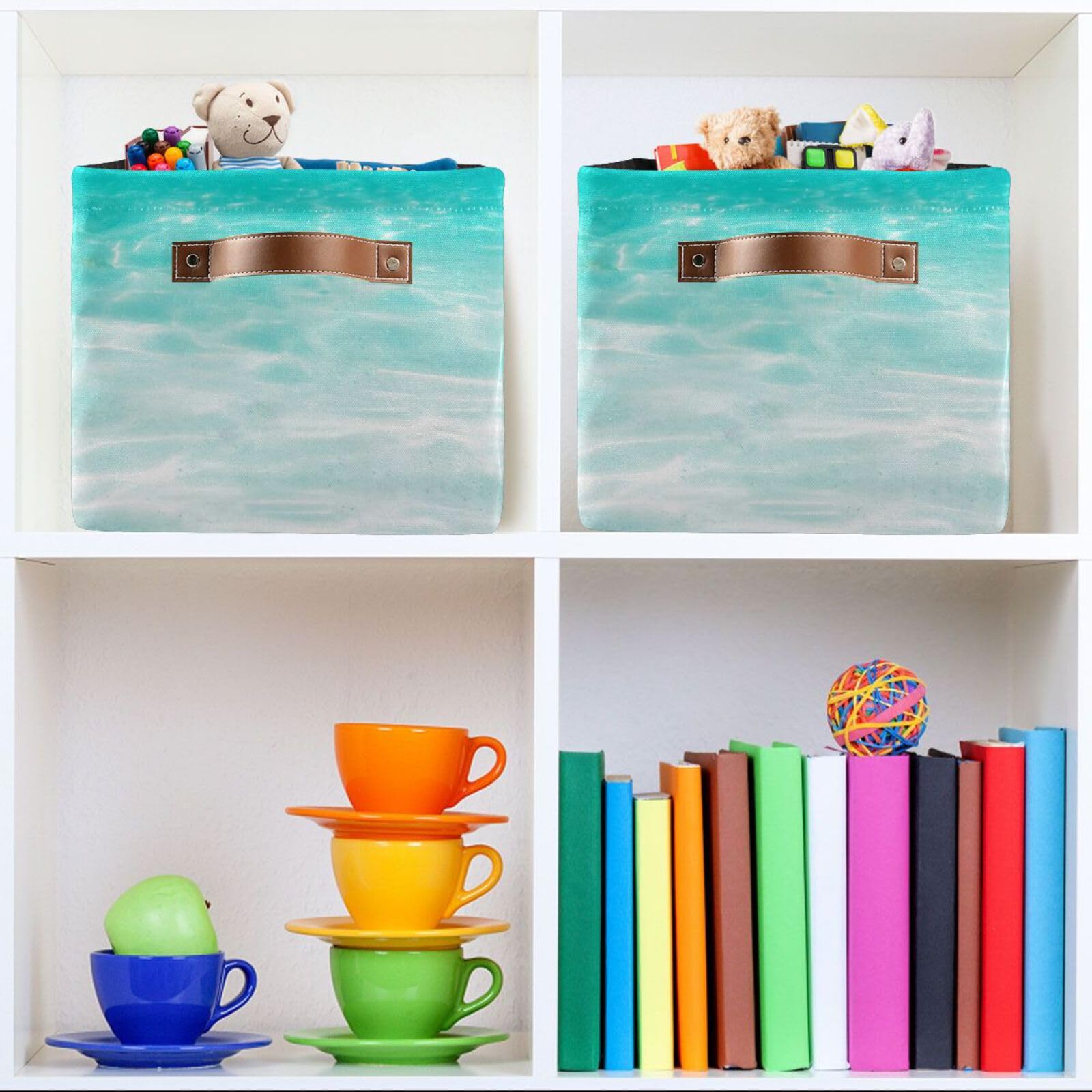 Sea Turtle Teal Large Storage Basket Cube Storage Bin Canvas Fabric Organizer Handles Collapsible Decorative for Clothes Toys Bedroom
