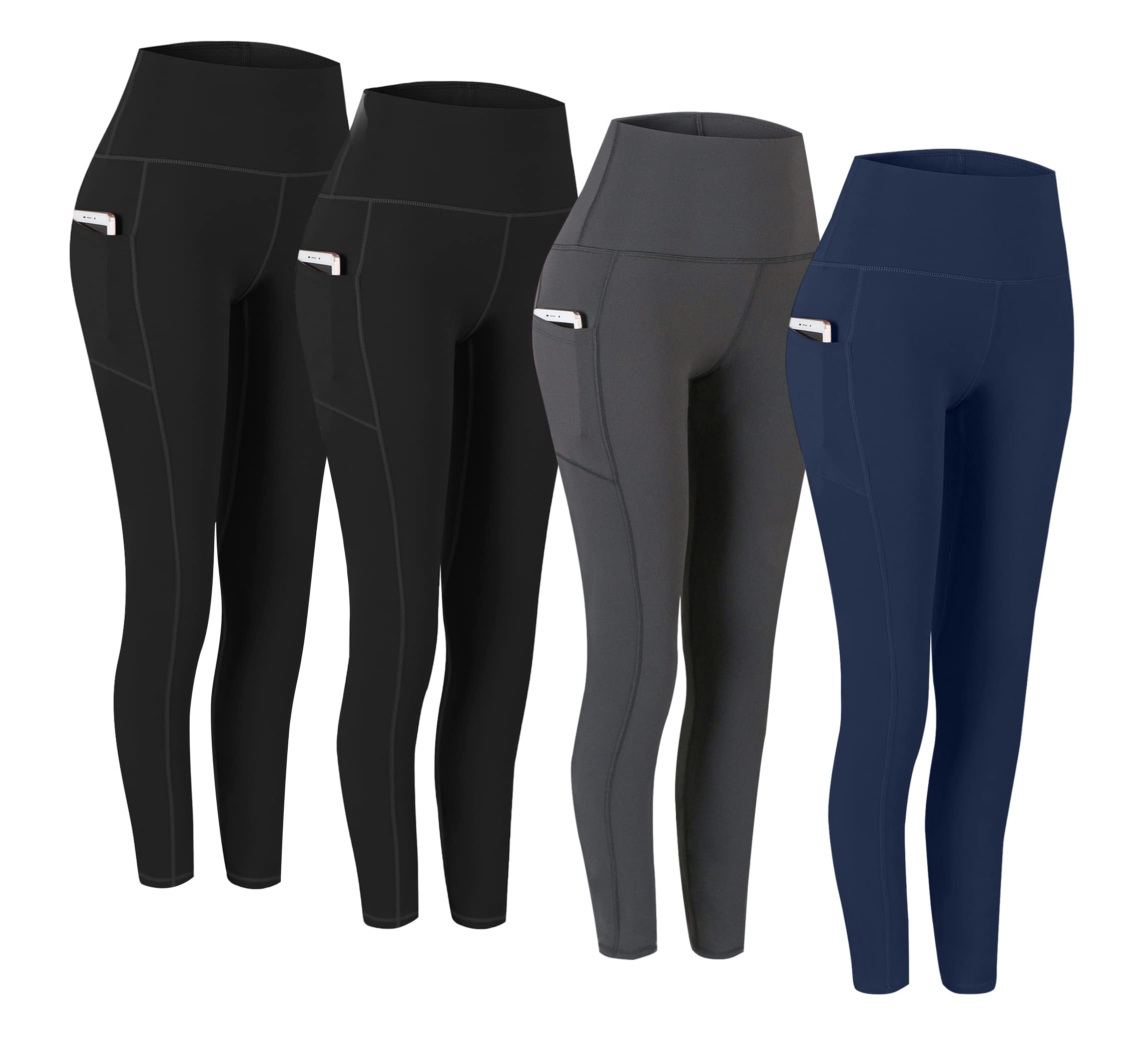 Fengbay 4 Pack High Waist Yoga Pants, Pocket Yoga Pants Tummy Control Workout Leggings 4 Way Stretch Leggings with Pockets