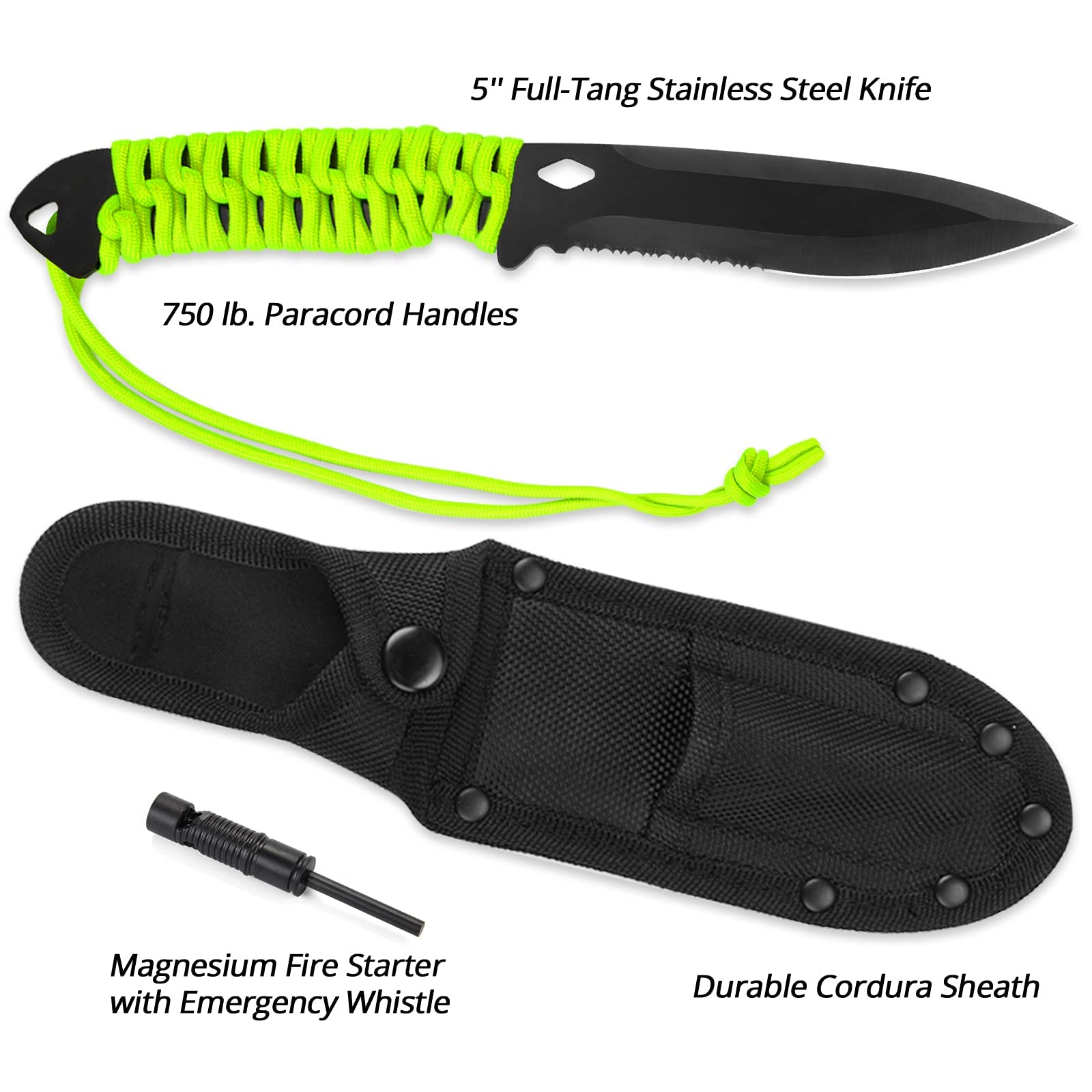 Extremus Bushcraft Survival Hunting Camping Knife with Serrated Edge, Fixed Blade with Cordura Sheath, 750 lb. Rated Paracord Handles, Includes Magnesium Fire Starter/Whistle, 5-Inch