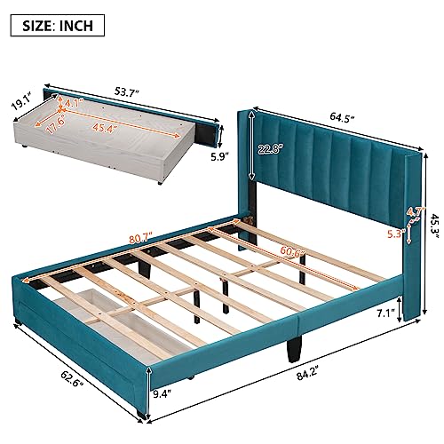 OTRIEK Queen Size Velvet Upholstered Platform Bed Frames with Large Storage Drawer, Mid-Century Modern Royal Platform Bed with Headboard, Sturdy Wood Slat Support for Bedroom Boys Girls (Blue)