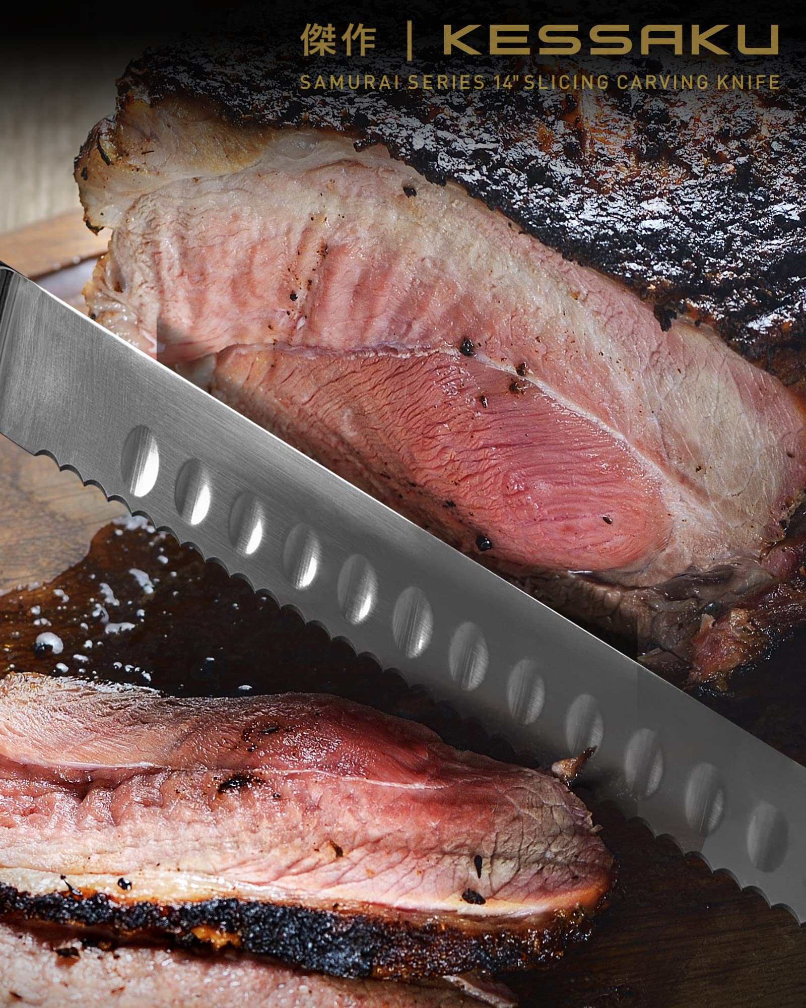 KESSAKU 14-Inch Slicing Carving Knife - Samurai Series - Serrated Granton Edge - Forged High Carbon 7Cr17MoV Stainless Steel - Pakkawood Handle with Blade Guard