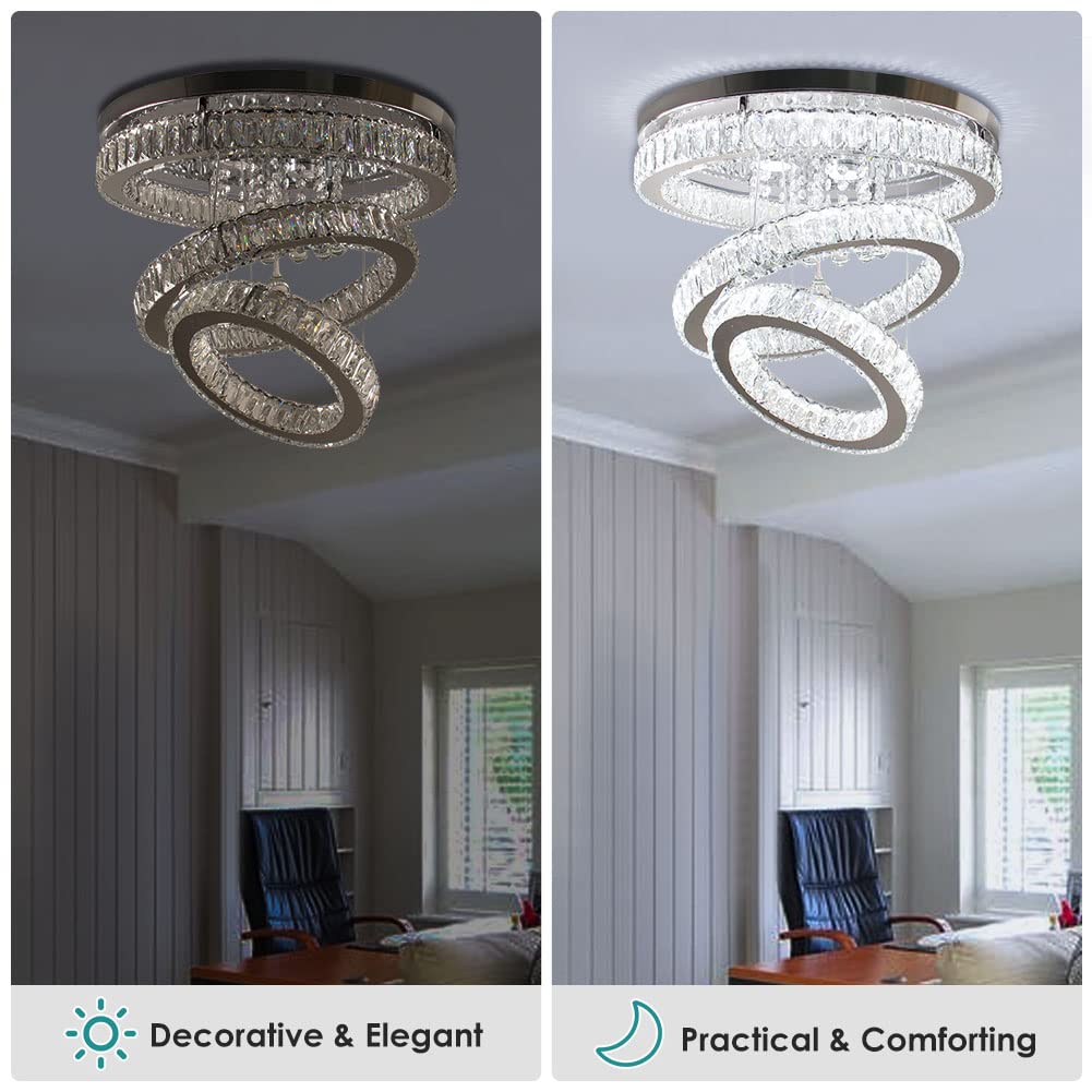 Finktonglan 19.7" Crystal Chandelier Modern LED Crystal Ceiling Light Fixture Flush Mount Ring Chandeliers for Bedroom Dining Room Living Room 6500K Cool White