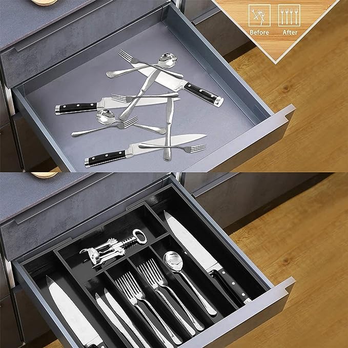 Gymnacy Utensil Organizer Silverware Drawer Organizer, Extra Deep, Non-Slip Feet, 7 Slots Bamboo Silverware Tray For Kitchen Cutlery Office Supplies Makeup Desk Storage (Black)