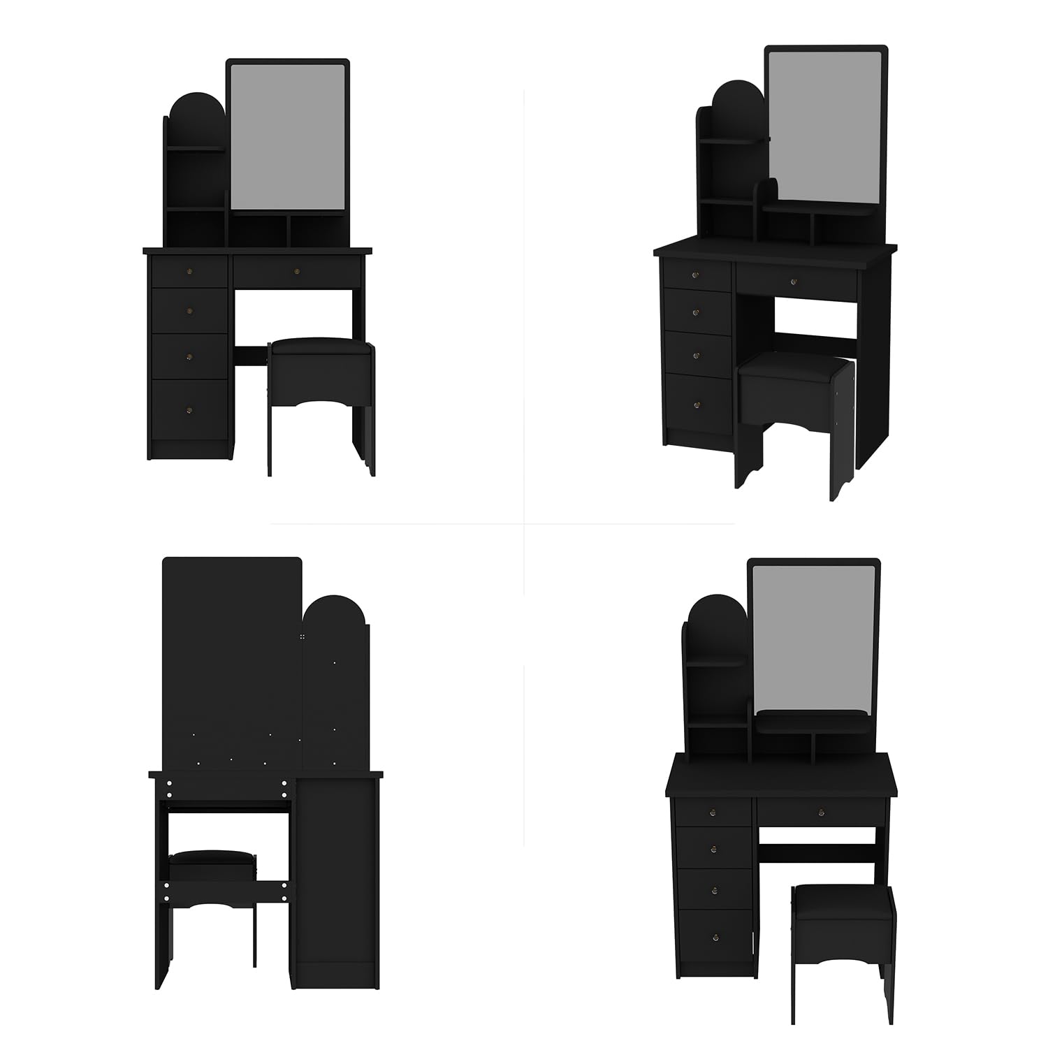 ROMSHINE Small Vanity Desk with Mirror, Makeup Vanity with Shelves & 4 Drawers, Vanity Table Set for Bedroom, Sliding Mirror, Cushioned Stool, Space-Saving, White&Grey, 35.2”W x 15.7”D x 52.4”H