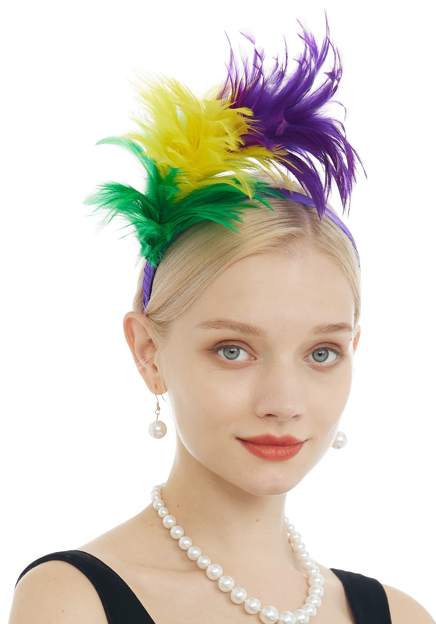 FELIZHOUSE 1920s Fascinator with Feathers Headband for Women Wedding Tea Party Headwear (Mardi Gras Purple)