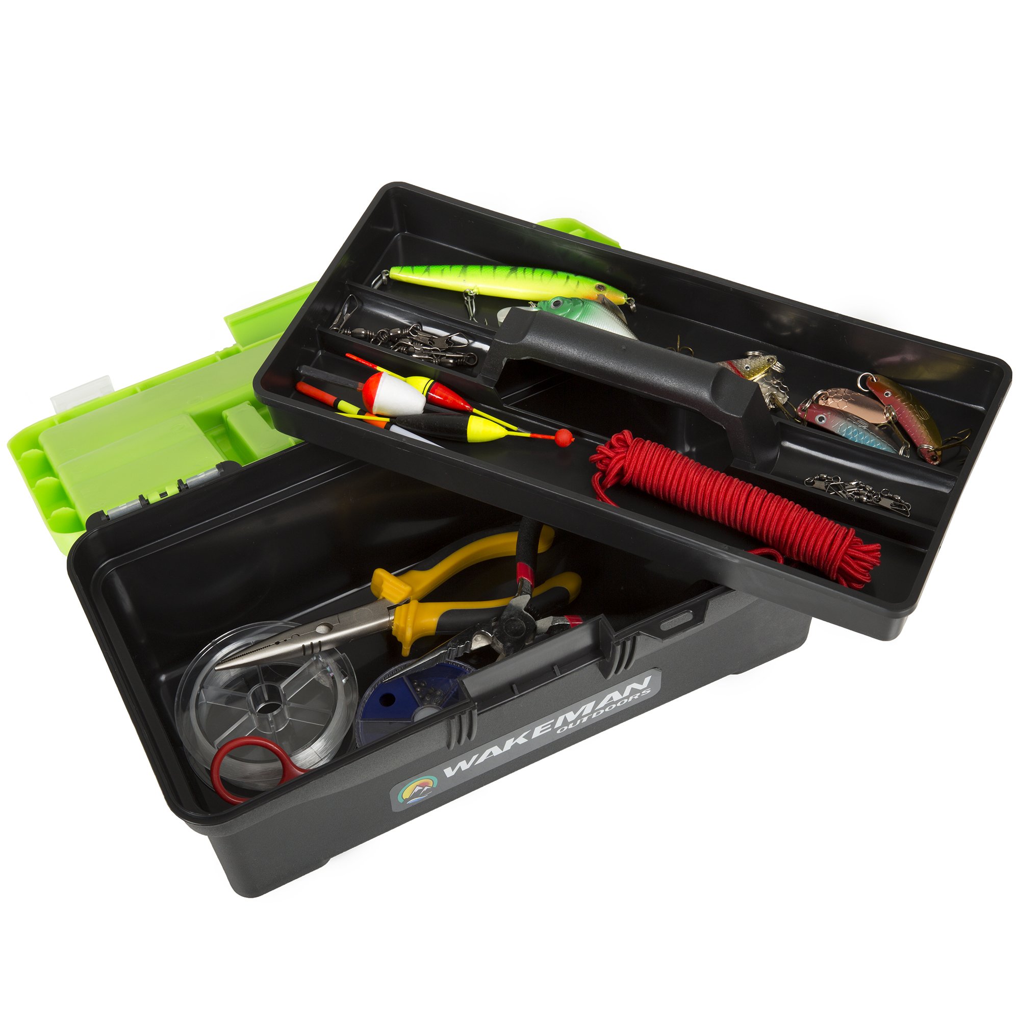 Fishing Single Tray Tackle Box- 55 Piece Tackle Gear Kit Includes Sinkers, Hooks Lures Bobbers Swivels and Fishing Line By Wakeman Outdoors Lime Green