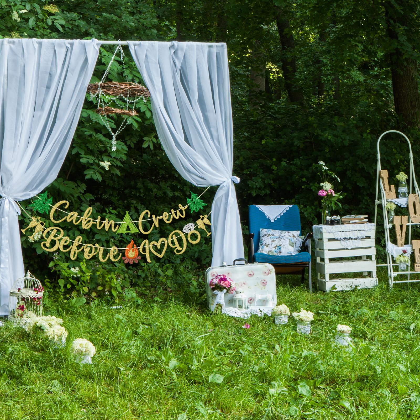 Qttier Cabin Crew Before I Do Banner, Camping Bachelorette Banner, Mountain Bachelorette Decorations, Camp Themed Bridal Shower Party Decor, Last Trail Before the Veil, Gold & Green Glitter