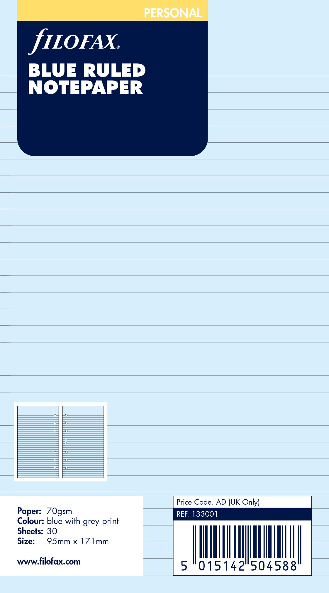 Filofax Ruled Notepaper Refill for Personal Organizers, Blue, 30 Sheets (13301), 133001