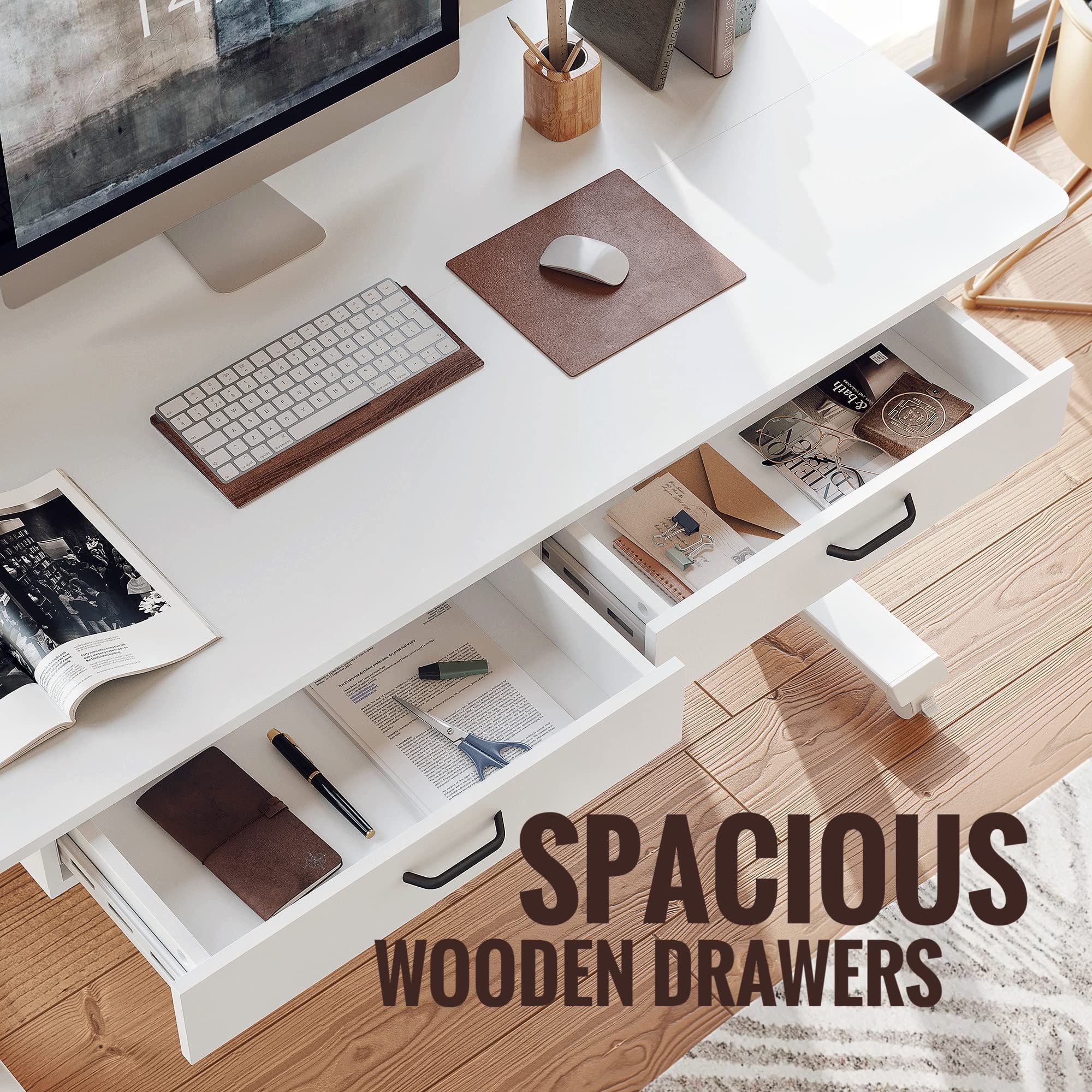 FEZIBO Height Adjustable Desk with 2 Drawers Storage and Anti Fatigue Mat