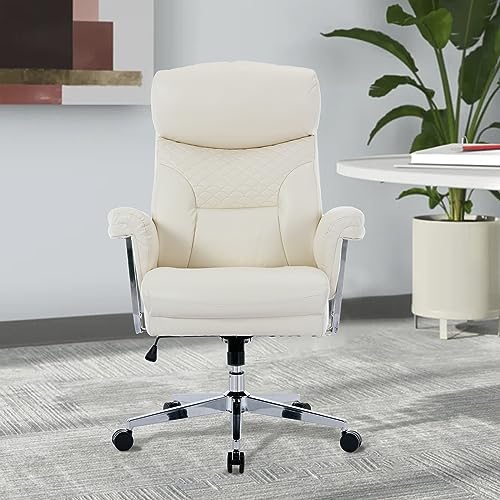 Ergonomic White Office Chair,PU Leather Desk Chair with Wheels,Adjustable Computer Chair,Swivel Task Executive Chair with Lumbar Support&Adjustable Rock Back Tension,Seat Height: 20.49"-23.64"