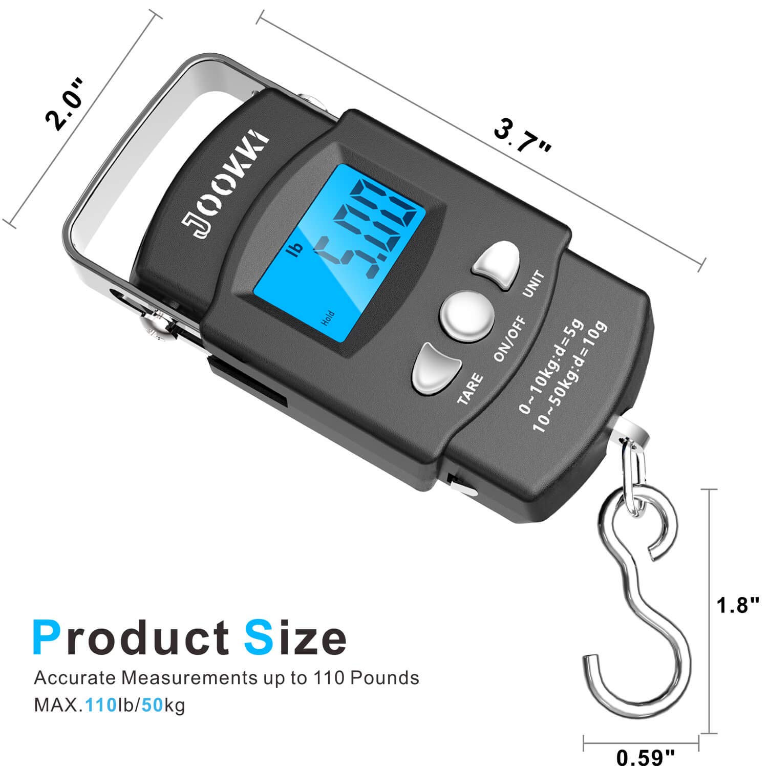 Fish Scale,JOOKKI Hanging Scale Portable Dial Scale LCD Digital Weight Electronic Scale 110lb/50kg with a Tape Measure for Tackle Bag,Luggage,Baggage,(Black)