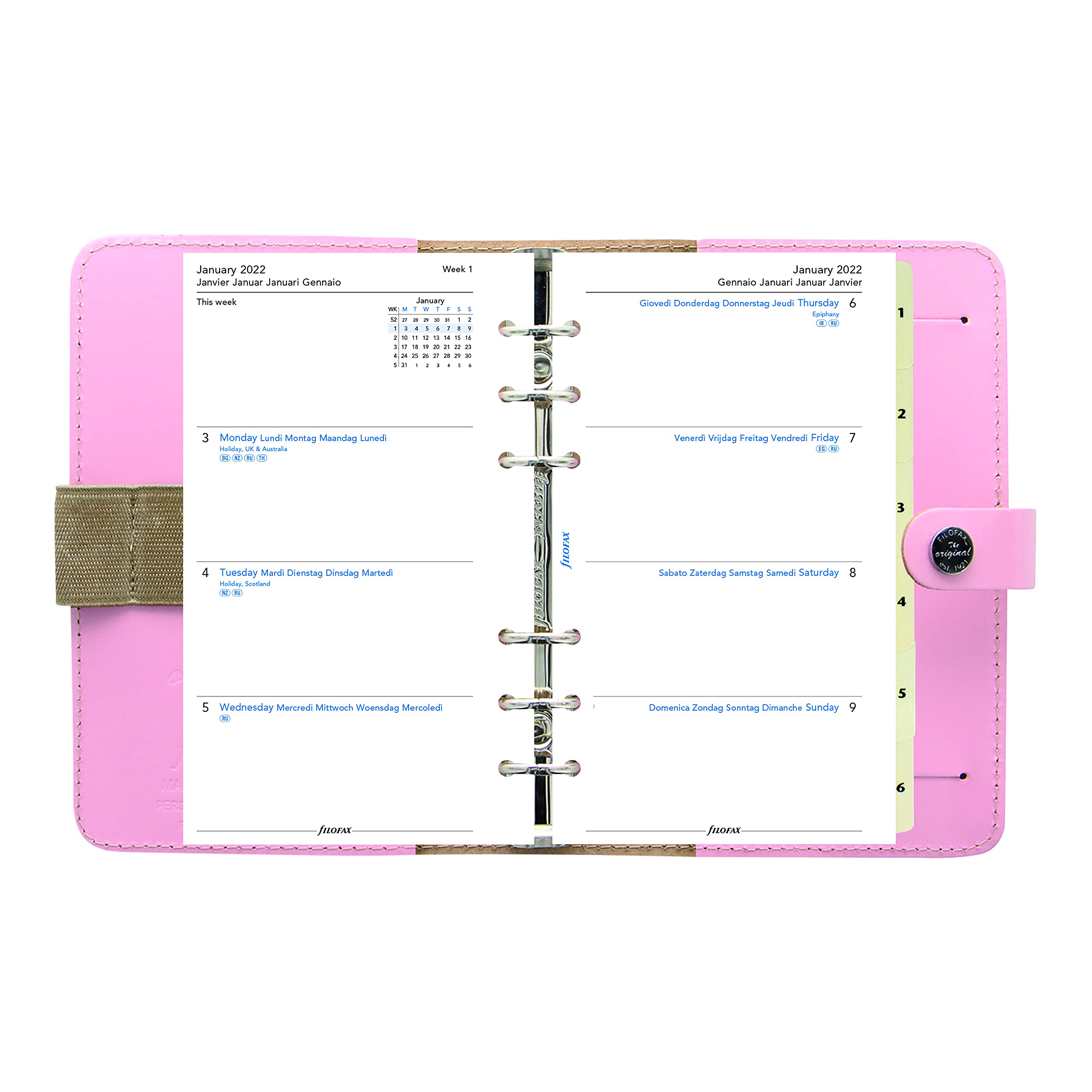 Filofax The Original Organizer, Personal Size, Patent Rose - Leather, Six Rings, Week-to-View Calendar Diary, Multilingual, 2022 (C022595-22)