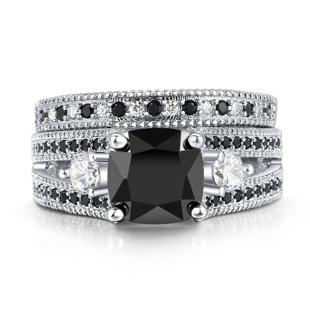FENDINA Womens Luxurious 18K White Gold Plated Wedding Engagement Rings Princess Cut 2.5ct Created Black Diamond Solitaire Anniversary Promise Rings Set, 9