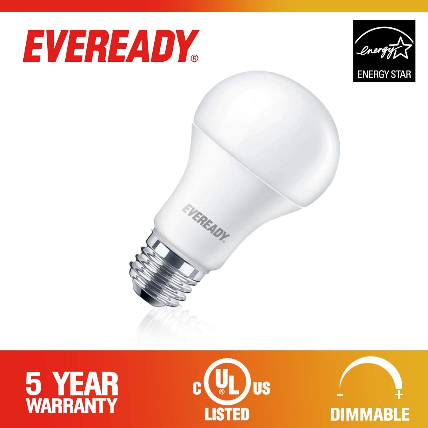 Eveready Led Light Bulbs, Dimmable, 60 Watt Equivalent Light Bulbs (9W Led Bulb), 800 Lumens, 2700K Soft White Color, A19 E26 Base Led Replacement for Halogen Bulb, ES and UL Certified - 6 Pack