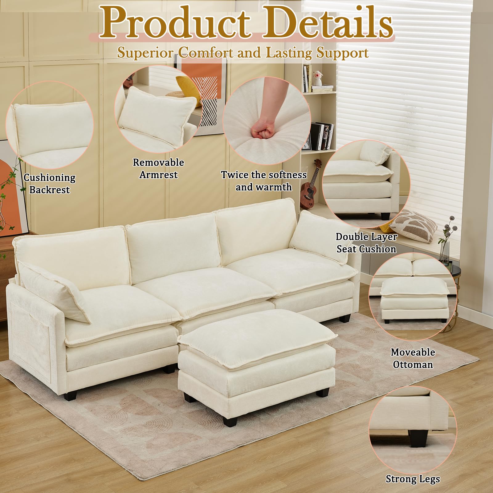 Sectional Couches for Living Room | Comfy Cloud Couch Modern Chenille L-Shaped 115โ Cream Modular Sectional Sofa with Moveable Ottoman & Pillows | Extra Deep Seat Sofa (White Couch, 3-Seat Upgrade)