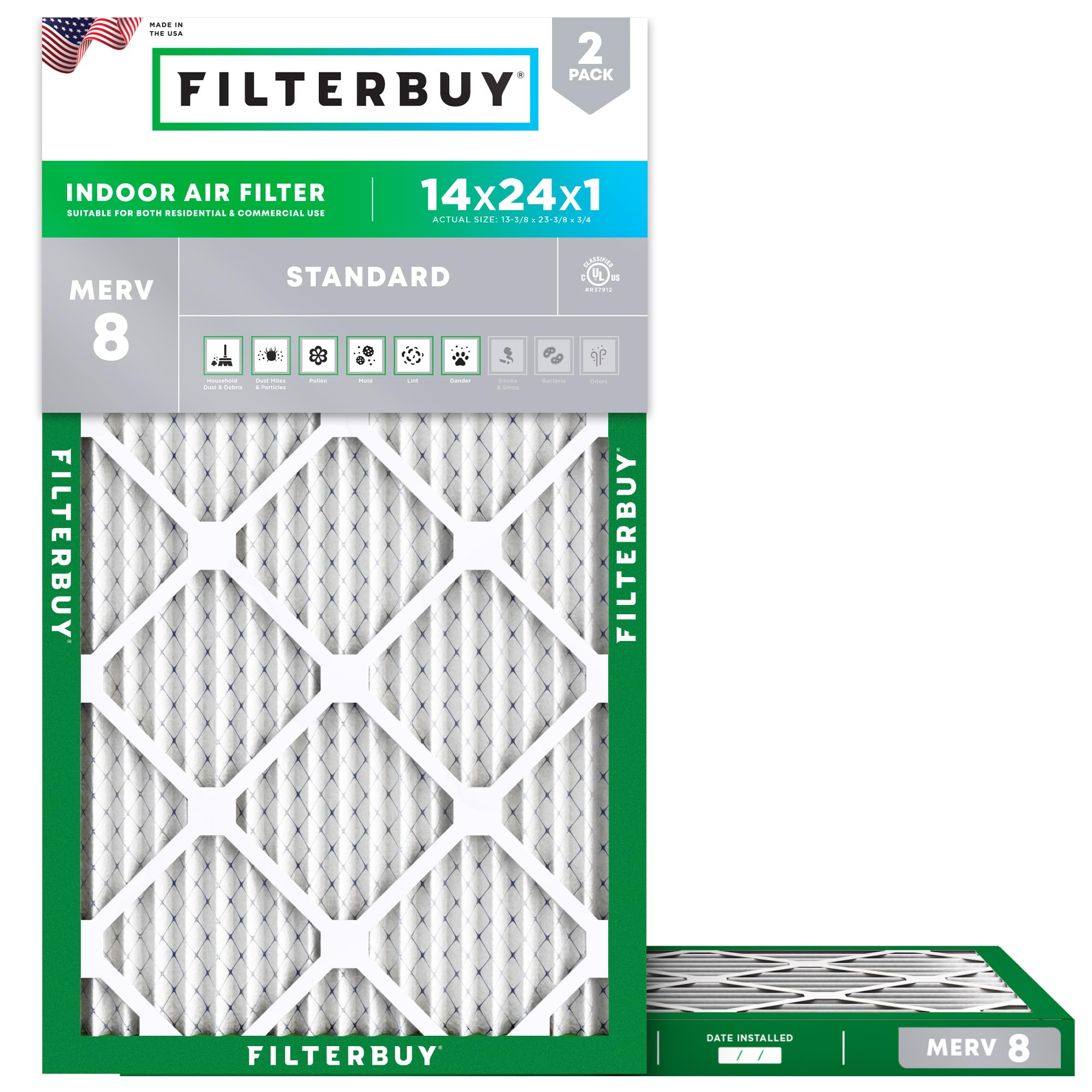 Filterbuy 14x24x1 Air Filter MERV 8 Dust Defense (2-Pack), Pleated HVAC AC Furnace Air Filters Replacement (Actual Size: 13.38 x 23.38 x 0.75 Inches)