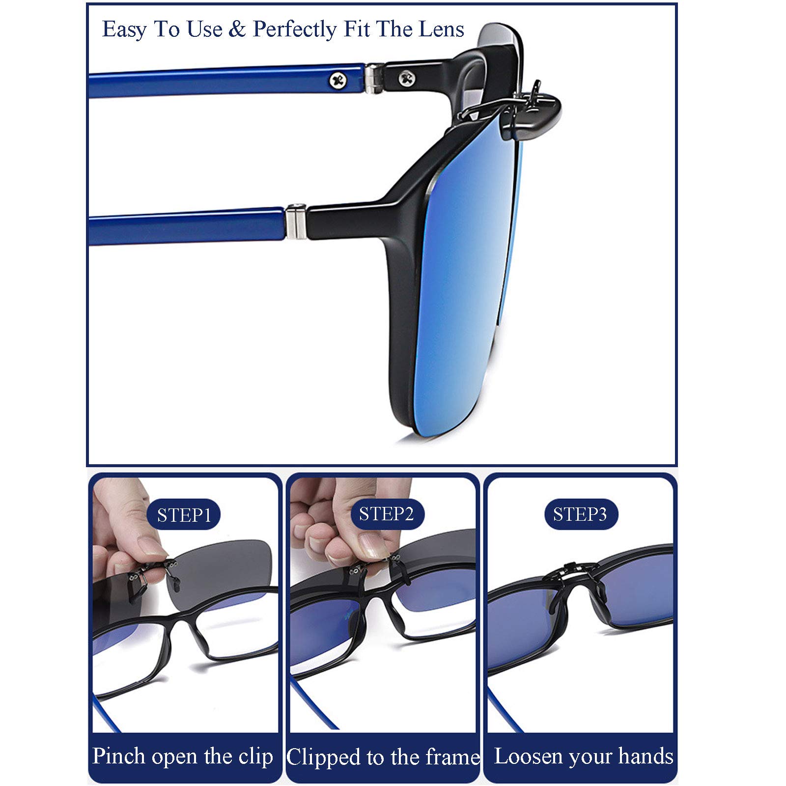 FF FRAZALA Polarized Clip On Sunglasses Rimless Non-flip Design UV Protection Sunglasses for Prescription Glasses (Black,Medium)