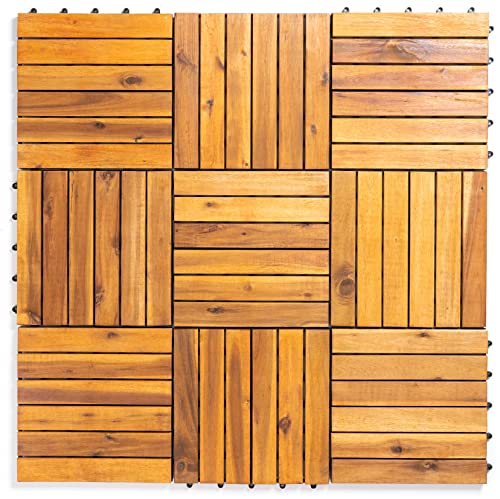 YAMAZING 12βx12β Solid Wood Interlocking Flooring Tiles (Pack of 9), Acacia Hardwood Deck Tiles, Floor Tile for Both Indoor & Outdoor Use, Patio Garden, Waterproof All Weather, 6 Slat (9 Sq Ft)