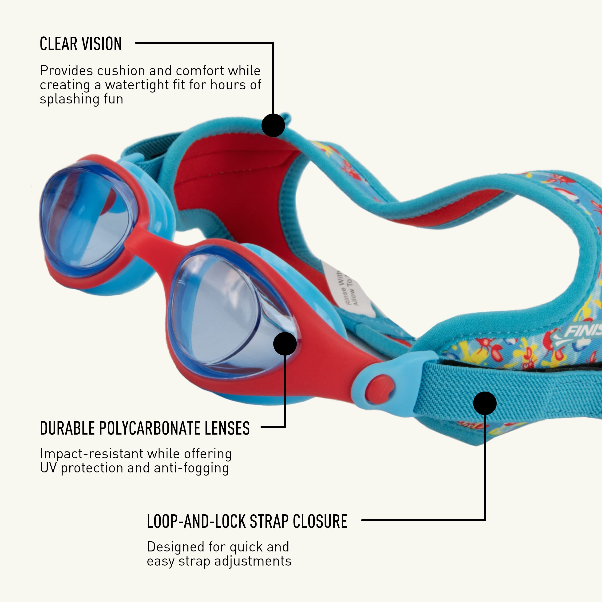 FINIS DragonFly Goggles - Kids Swim Goggles for Ages 4-12 with UV Protection, Buoyant Neoprene Strap, and Durable Lenses - PVC- and Latex-Free - Crab