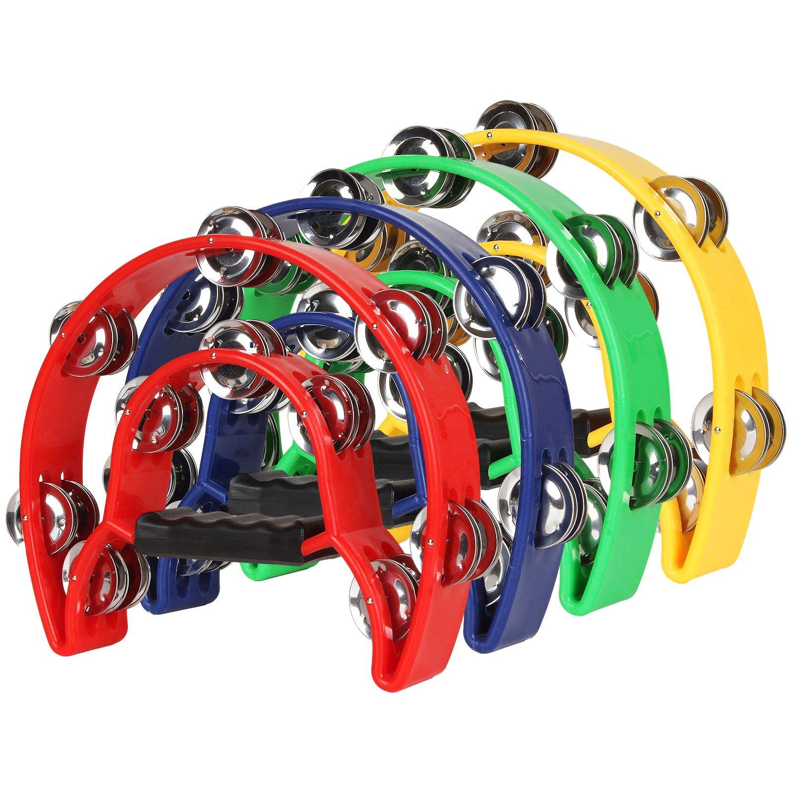 FengWu 4 Pack 9" Half Moon Handheld Tambourine Metal Jingles Tambourines for adults - Double Row, Plastic Musical Percussion Tambourines Music Rhythm Tambourine (Multicolor)