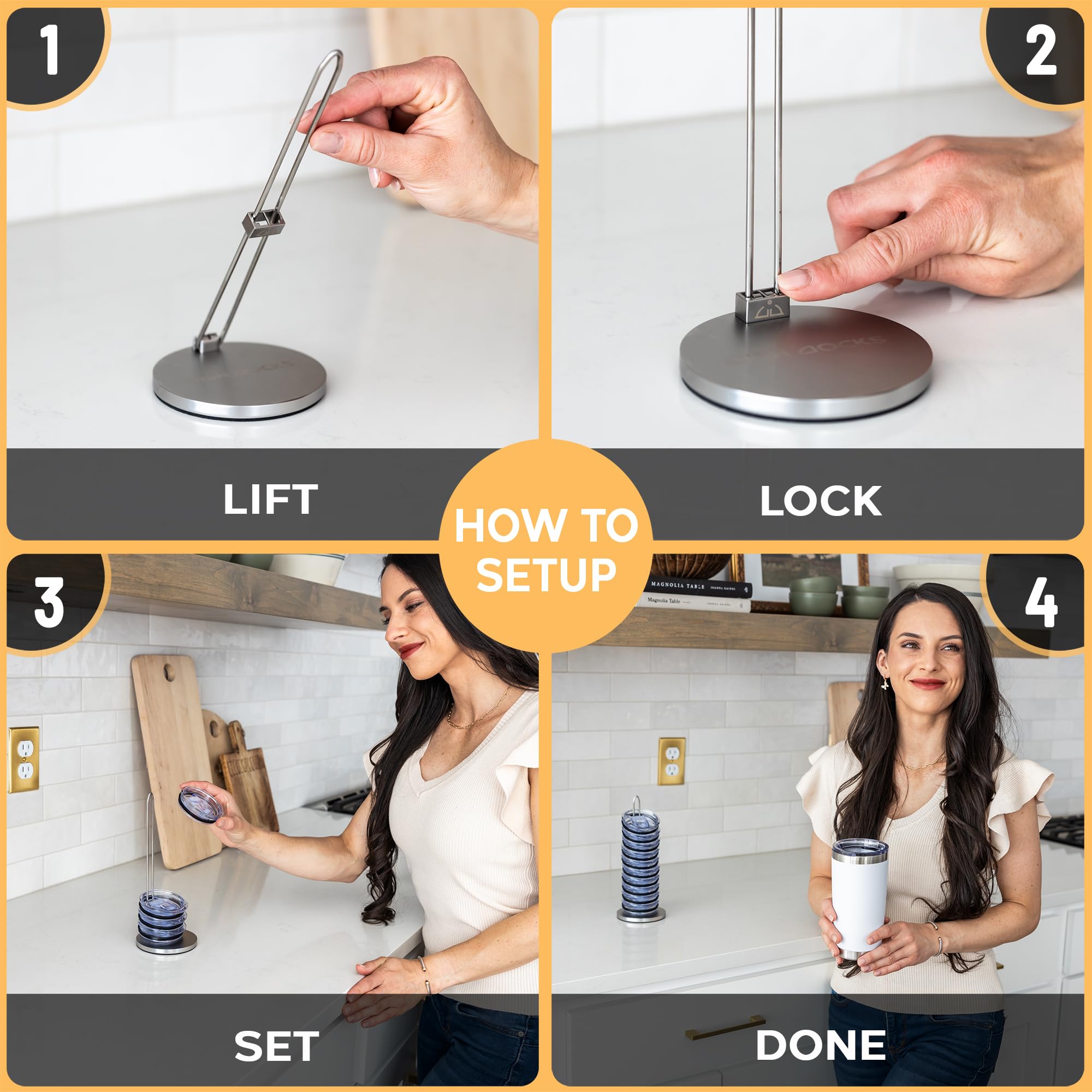 Tumbler Lid Organizer for Cabinet & Countertop - Slim Space-Saving Lid Holder with 9" Sturdy Bar & Weighted, Non-Slip Base - Vertical Storage Cup Lid Organizer - Collapsible Lid Rack for 10 Lids