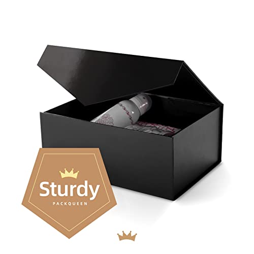 PACKQUEEN Gift Box with Ribbon and Blank Greeting Card, Black Magnetic Gift Box for Present, Groomsman Proposal Box for All Occasions (9x6.5x3.8 Inches)