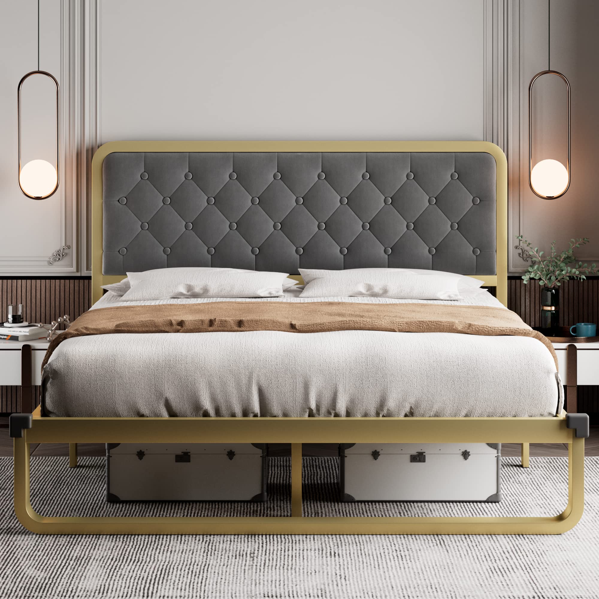 Feonase Queen Size Platform Bed Frame with Heavy-Duty Steel Slats, Velvet Upholstered Bed Frame with 12" Storage Space, No Box Spring Required, Noise Free, Easy Assembly, Golden and Gray