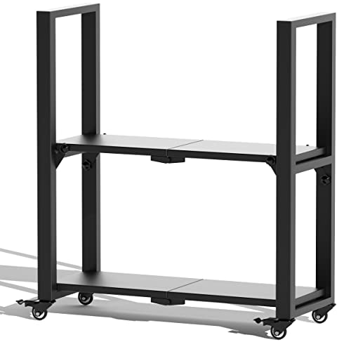 Luffioner 2 Tiers Rolling Firewood Rack,Foldable Firewood Log Storage Rack Holder with Wheels Fireside Log Rack for Indoor Fireplace or Outdoor,31"X25"x12"