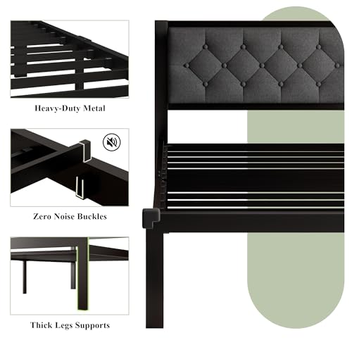 Feonase Twin Size Metal Bed Frame with Linen Upholstered Headboard, Heavy-Duty Platform Bed Frame with 12" Storage, Steel Slats Support, No Box Spring Needed, Gray