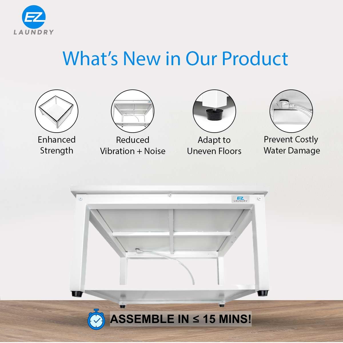 EZ Laundry | Upgraded 29β Universal Laundry Pedestal β 700lbs Capacity, Raises 16β with Built-in Drain Pan + Hose, Adjustable Feet, Anti-Vibration, Steel & Storage Shelf for Washer & Dryer (White)
