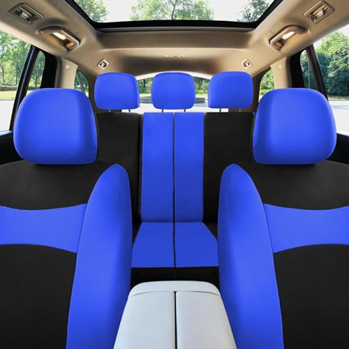 FH Group Light & Breezy Cloth Full Set Car Seat Covers (Blue/Black) Combo Set: Steering Wheel Cover, Seat Belt Pads and Black Vinyl Floor Mats β Universal Fit for Cars Trucks & SUVs