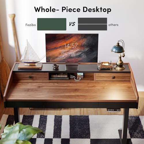 FEZIBO 55" Whole-Piece Standing Desk Adjustable Height with drawers, 55 x 24 inches Electric Adjustable Desk with Monitor Shelf, Sit Stand Rising Desk with baffle, Black Walnut