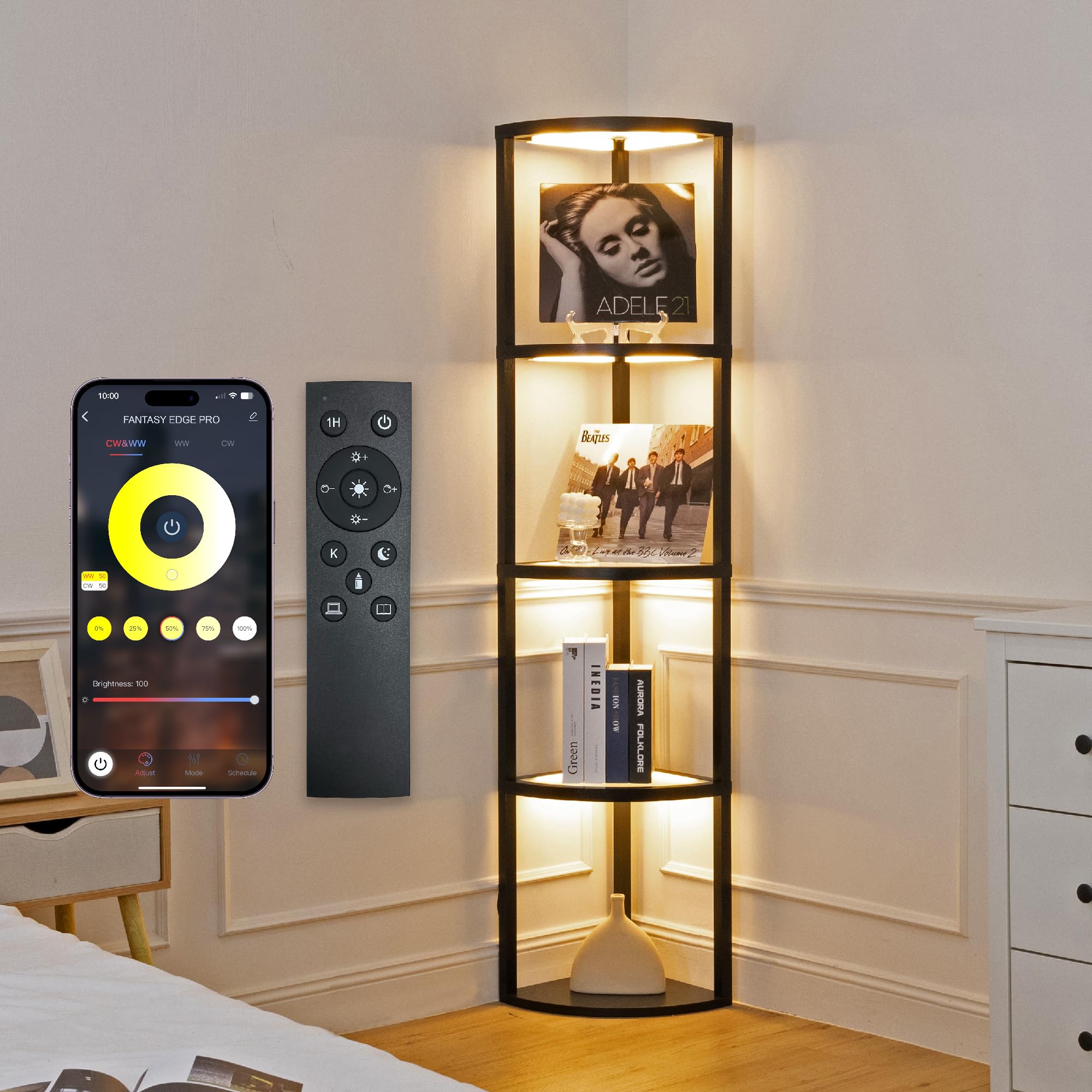 FENLO Fantasy Edge - 66" LED Corner Glass Display Shelf Lamp for Bedrooms, Dimmable Corner Floor Lamp with Shelves, Curio Cabinet Display Case with Remote Control (Black)