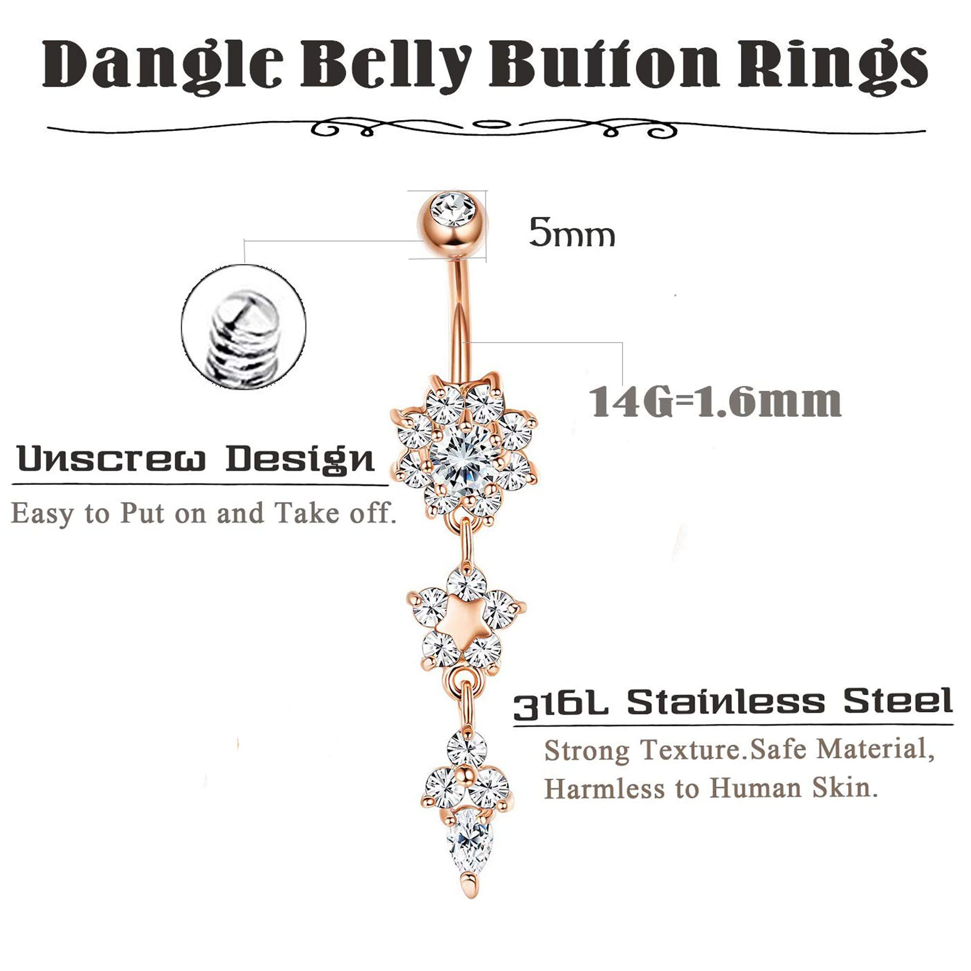 FIBO STEEL 10 Pcs 14G Stainless Steel Dangle Belly Button Rings Navel Barbell Body Jewelry Piercing