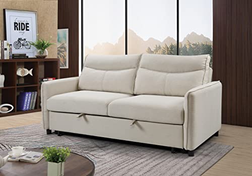 ERYE 74.5" W Futon Loveseat W/Pull Couch Bed and 2 Pillows,3 in 1 Reclining Backrest Love Seat Convertible Queen Size Sleeper & Sofabed for Home Apartment Office Living Room, Beige