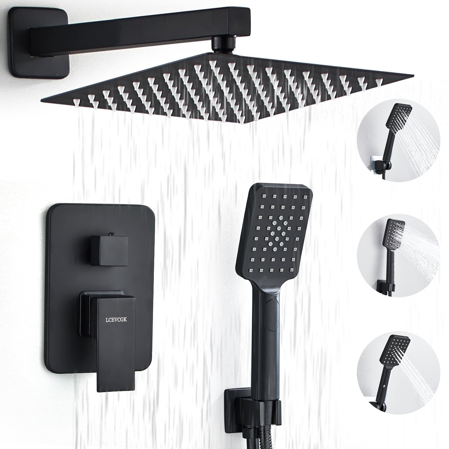 LCEVCGK Shower Head, Shower Faucet Set Square Shower Combo System with 8'' Rainfall Shower Head Wall Mount 3-Setting Handheld Shower,Stainless Steel Bath Shower Head,Matte Black