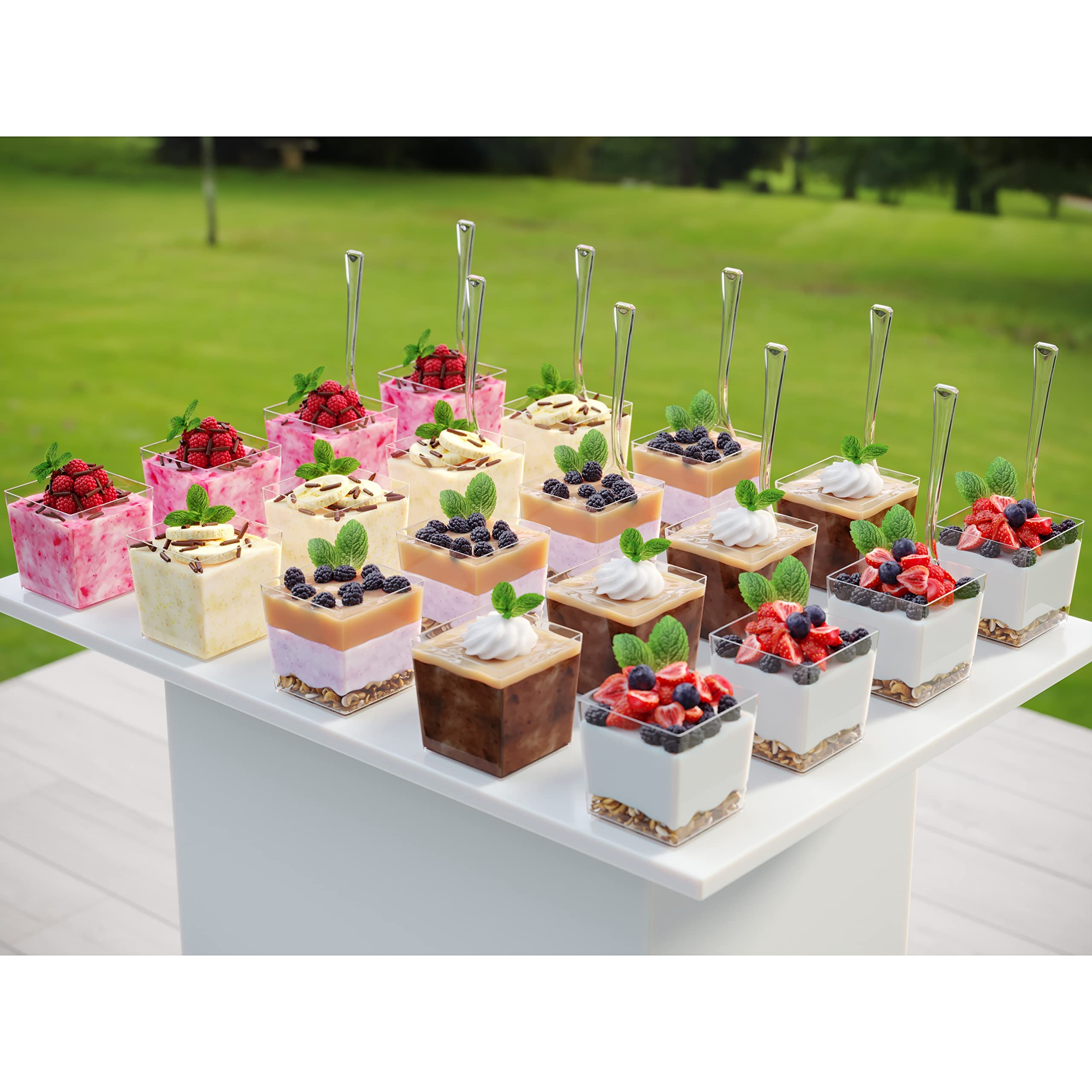 Exquisite Mini Dessert Cups with Spoons 200 Pcs - 3.6 Oz Square Dessert Cups With Tasting Spoons 100 Sets | Mini Parfait Cups | Appetizer Cups For Party | Plastic Dessert Cups