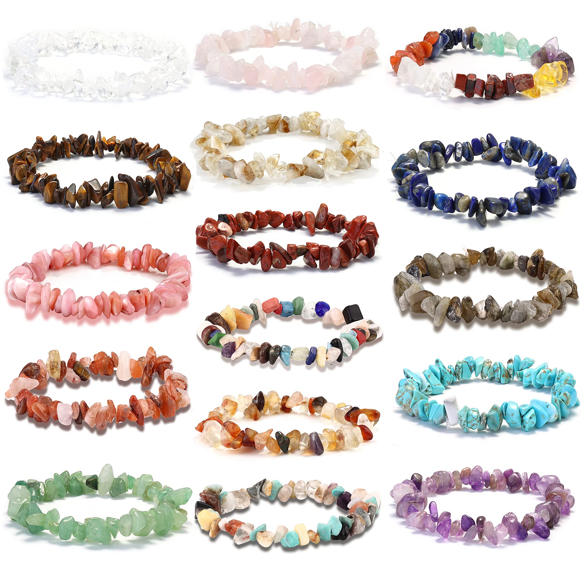 FIBO STEEL 16Pcs Natural Gemstone Chakra Crystal Healing Chip Stretch Bracelets for Women Tumble Polished Align Chakras Conquer Fear Increase Communication Reiki
