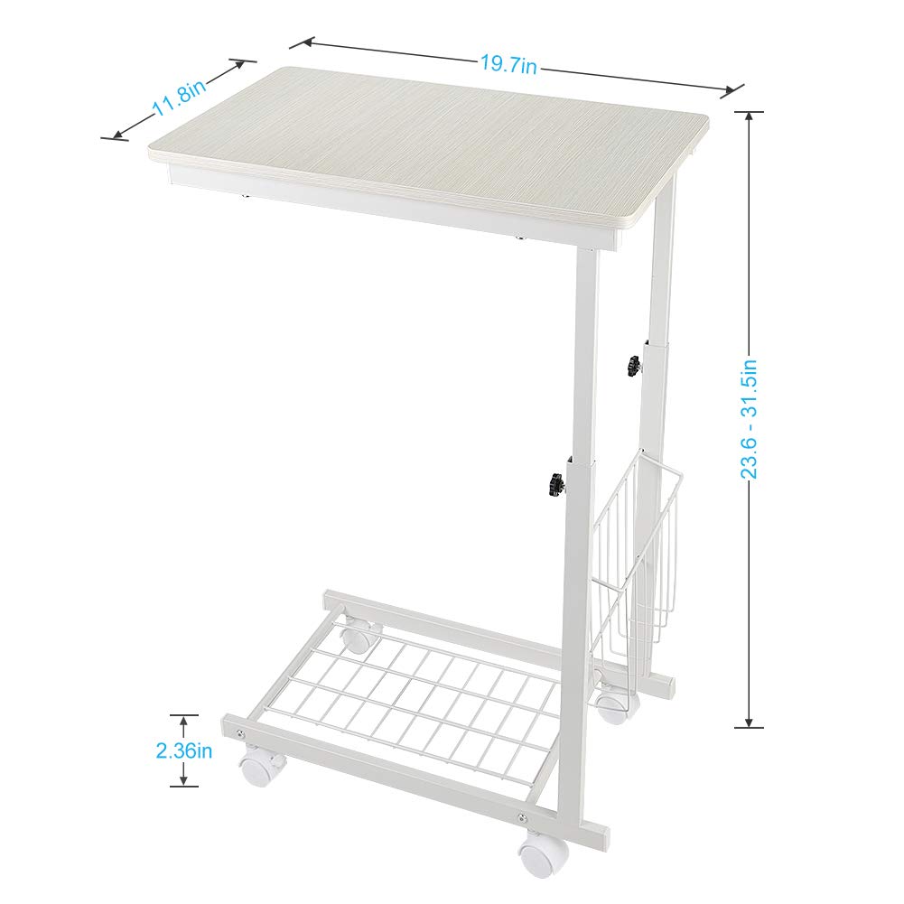 Ejoyous Height Sofa Side Table with Wheels, Movable Bedside End Table Computer Desk Laptop Stand Rolling Cart with Storage Basket for Home Couch Bedroom Office Workstation