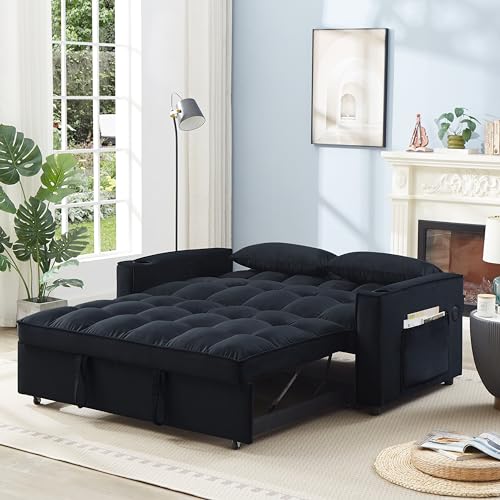 ERYE Size Futon Daybed Charging Pull Out Sleeper Couch Bed Reclining Backrest Convertible Sleep Sofabed for Home RV Apartment Office Living Room, Black Velvet Full w/2 Cupholders and USB Port