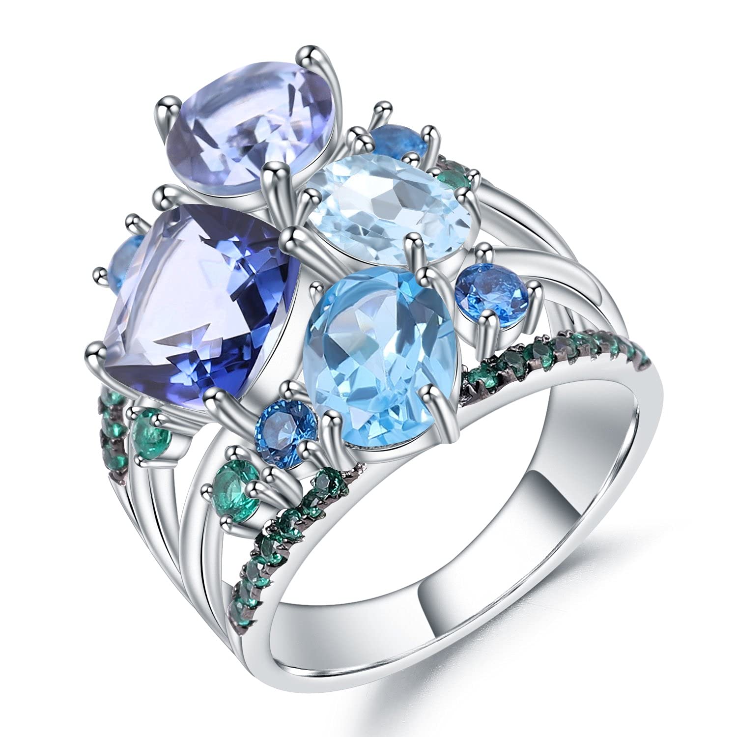 Fine Color Jewels Rhodium Plated Sterling Silver 1.83 carat Mystic Quartz and Blue Topaz Cocktail Ring Chunky Statement Ring (Size 5, 6, 7, 8)