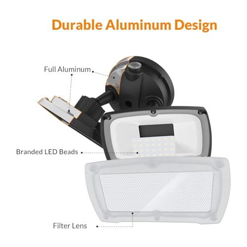 LEPOWER 2 Pack LED Security Light Dusk to Dawn Outdoor Flood Light Fixture with 2 Adjustable Heads, 3000LM/28W, 5500K, IP65 Waterproof Exterior Flood Lights for Garage, Backyard (Black)