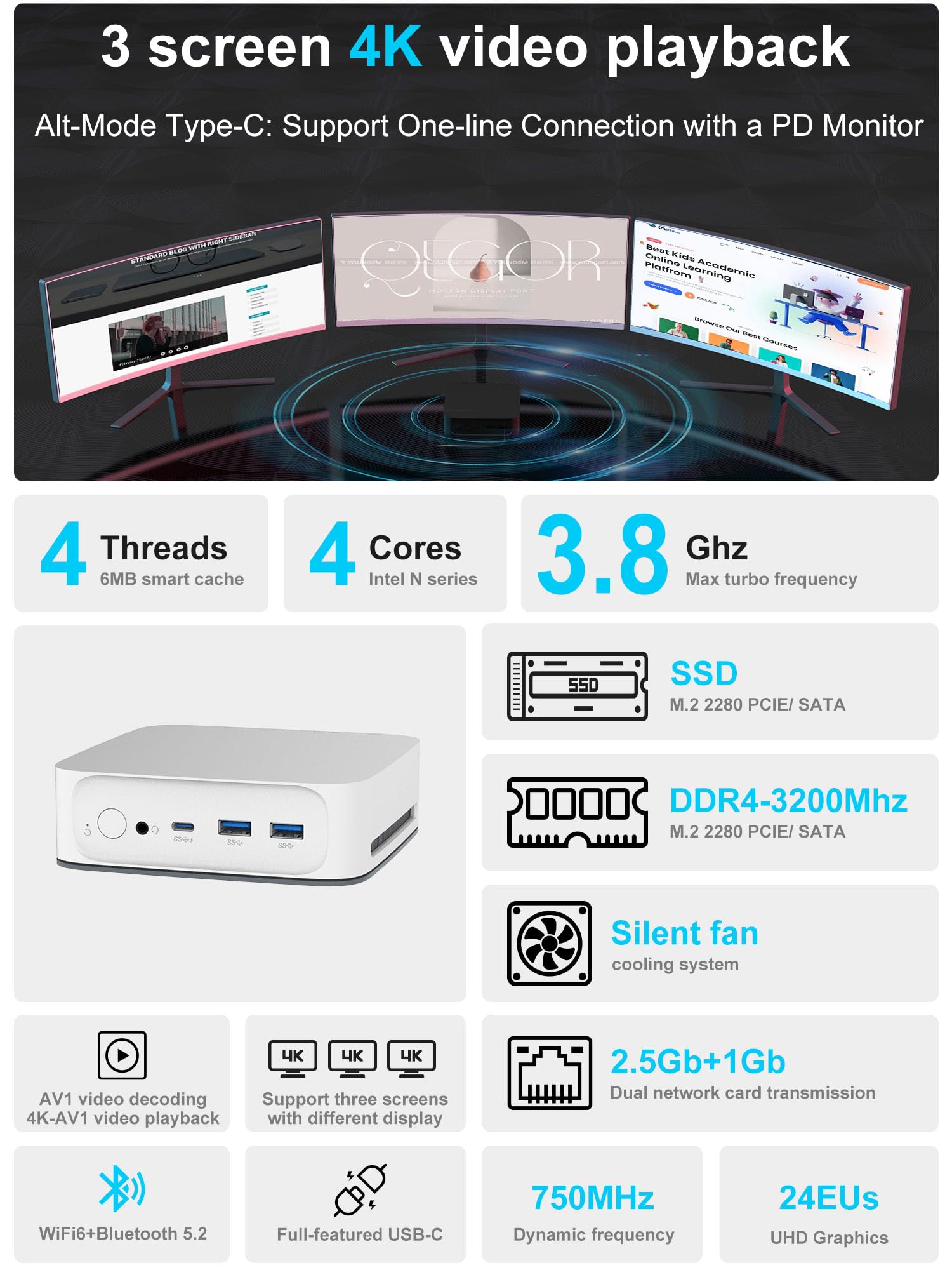 FEVM Mini Pc FN305 Mini Desktop Computer 12th Intel I3-N305(3.8GHz 18W TDP) 4K@60Hz 3 Display, ALT Mode USB-C Port, Dual Nic(2.5G+1G), Windows 11 Pro, 16GB RAM+512GB NVME SSD, AX201 WIFI6,BT5.2