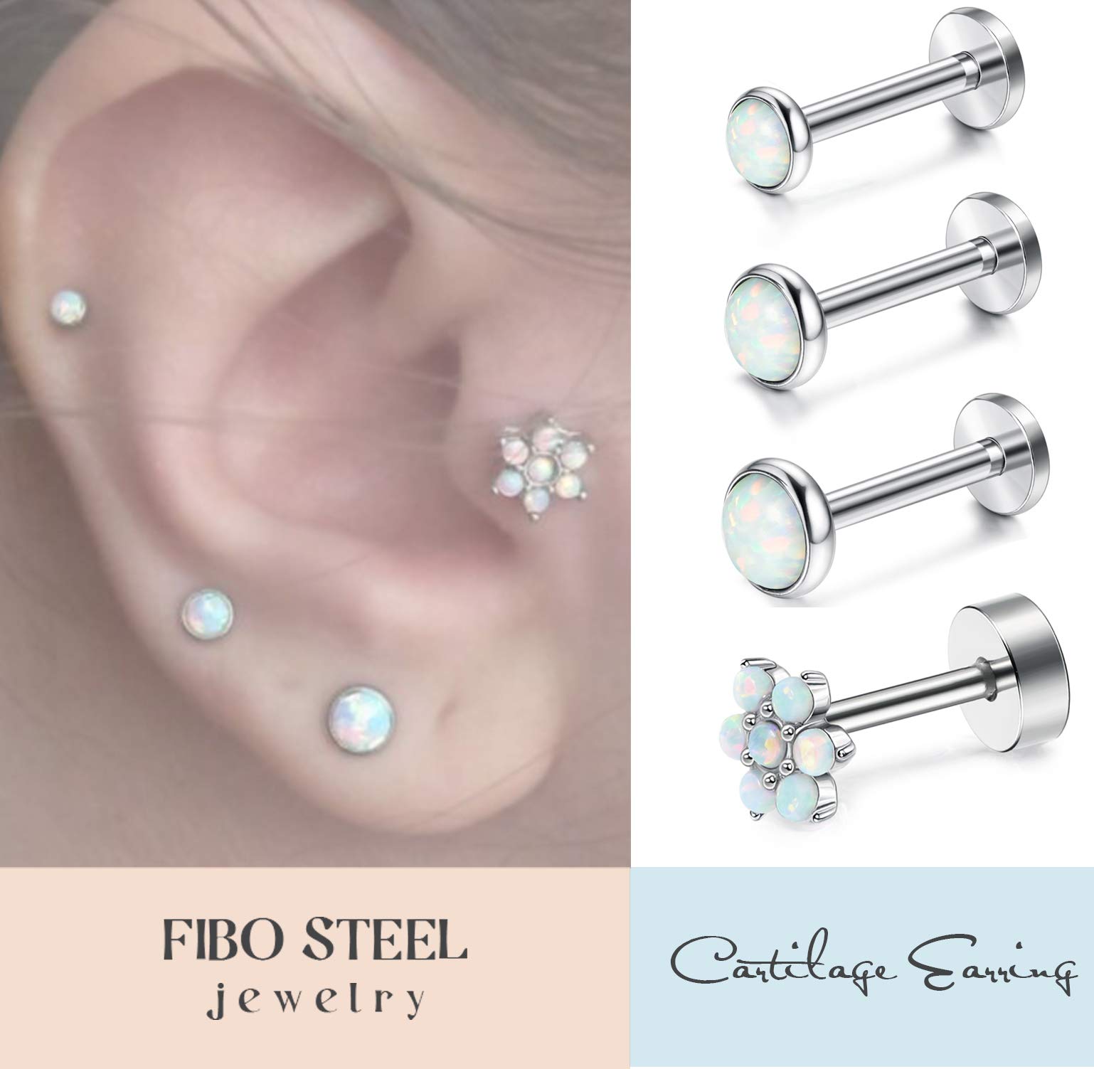 FIBO STEEL 4 Pcs 16G Stainless Steel Cartilage Stud Earrings for Women Opal Targus Helix Daith Conch Ear Piercing Jewelry 6mm