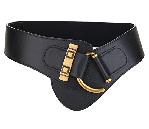 Toptim Womens Elastic Waist Belt Vintage Leather Wide Waistband (Waist 25-35", Black)