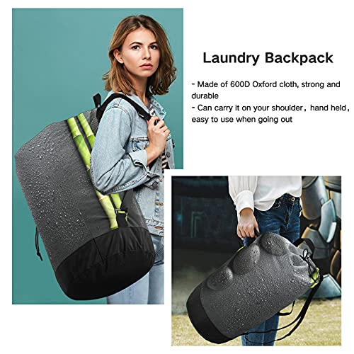 Poeticcity Black Zen Basalt Stones with Dew Green Bamboo on Dark Backpack Laundry Bag Drawstring Hamper Basket, Dirty Clothes Bin Toy Storage with Adjustable Shoulder Straps for Travel Home