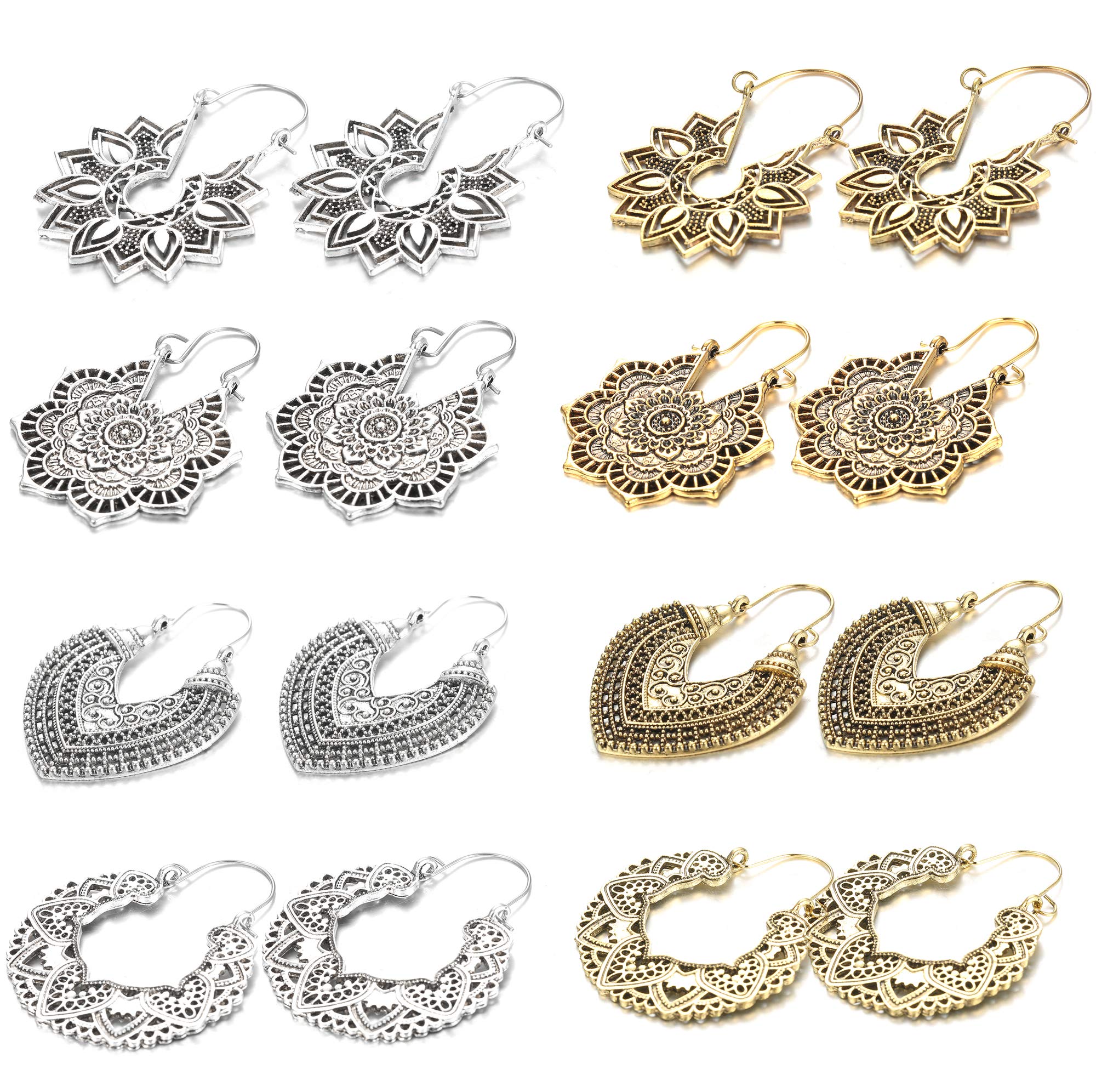 FIBO STEEL 8 Pairs Vintage Mandala Flower Gypsy Drop Dangle Earrings for Women Boho Retro Tribal Hollow Earrings Set